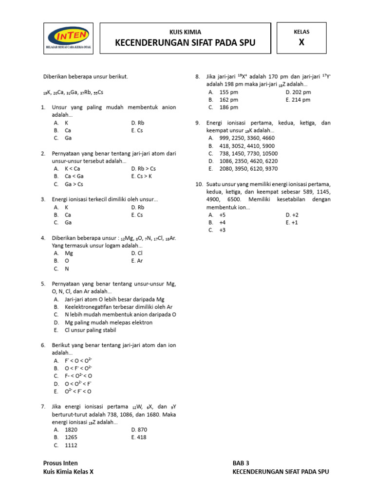 Kuis Kimia Kelas X - Kecenderungan Sifat Pada Spu-1 | PDF | Sains & Matematika