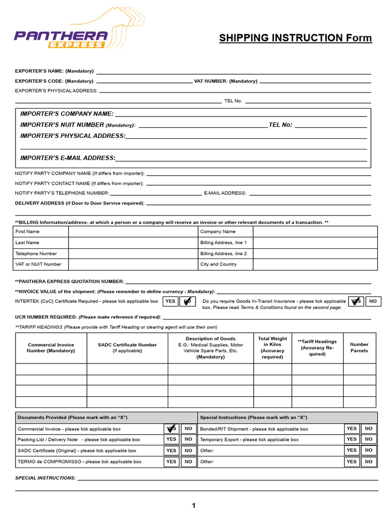 Shipping Instruction Form Editable V2024 1 | PDF | Insurance | Deductible