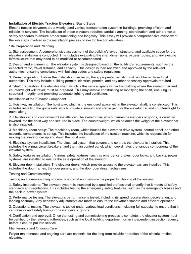 Installation of Electric Traction Elevators - Basic Steps | PDF ...