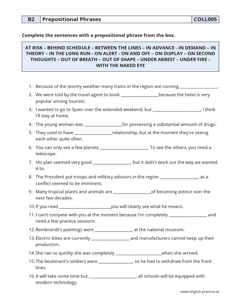 B2 Prepositional Phrases Exercise | PDF | Foreign Language Studies