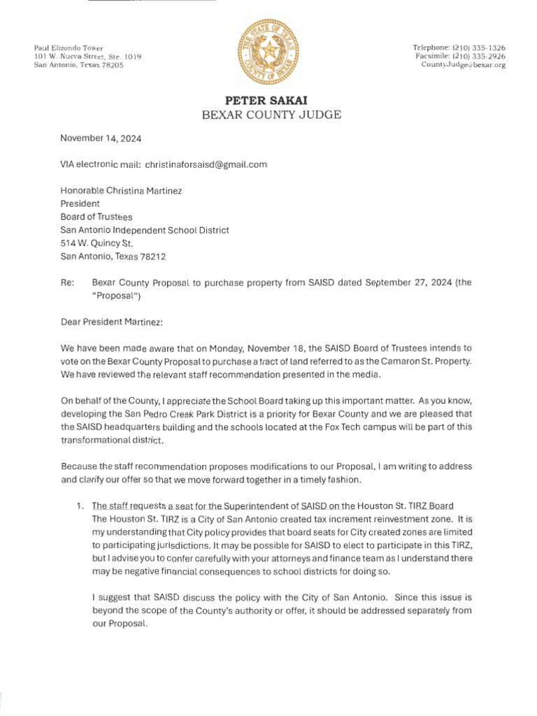 Bexar County Judge Peter Sakai's Letter To Christina Martinez and SAISD ...