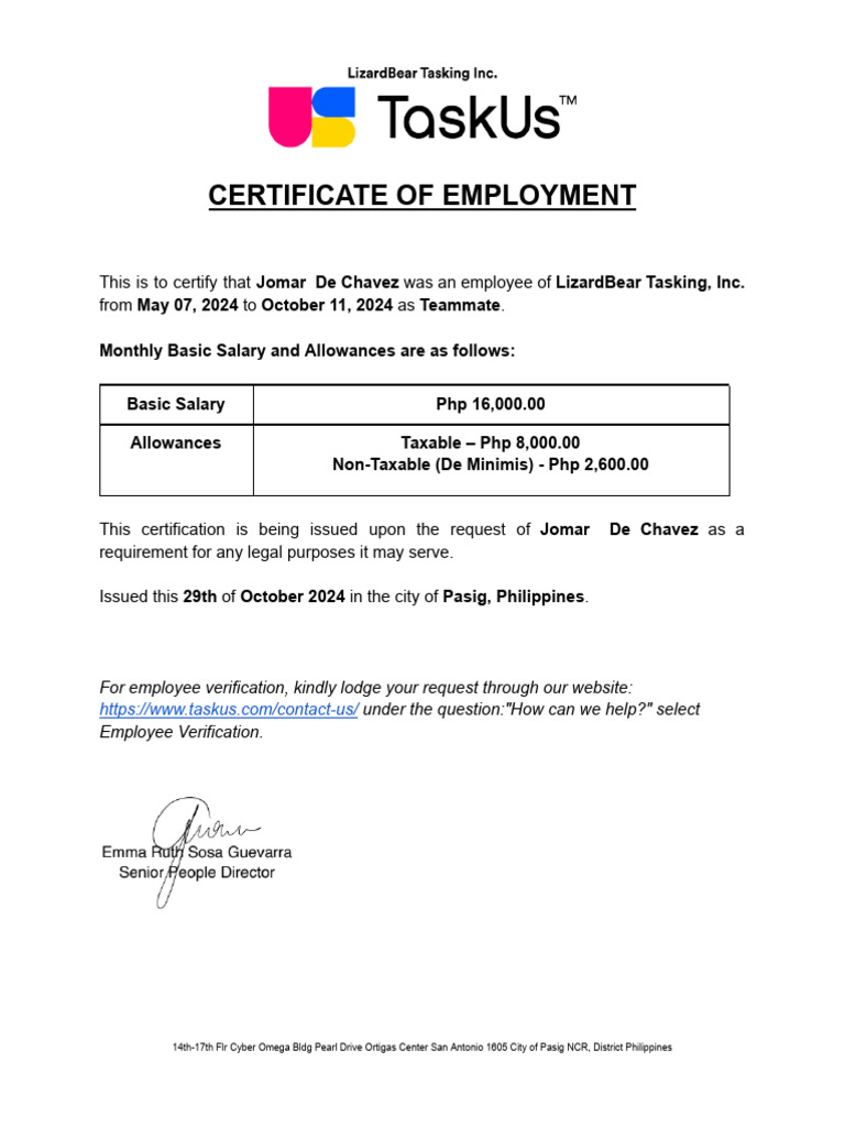 Certificate of Employment for Jomar De Chavez | PDF