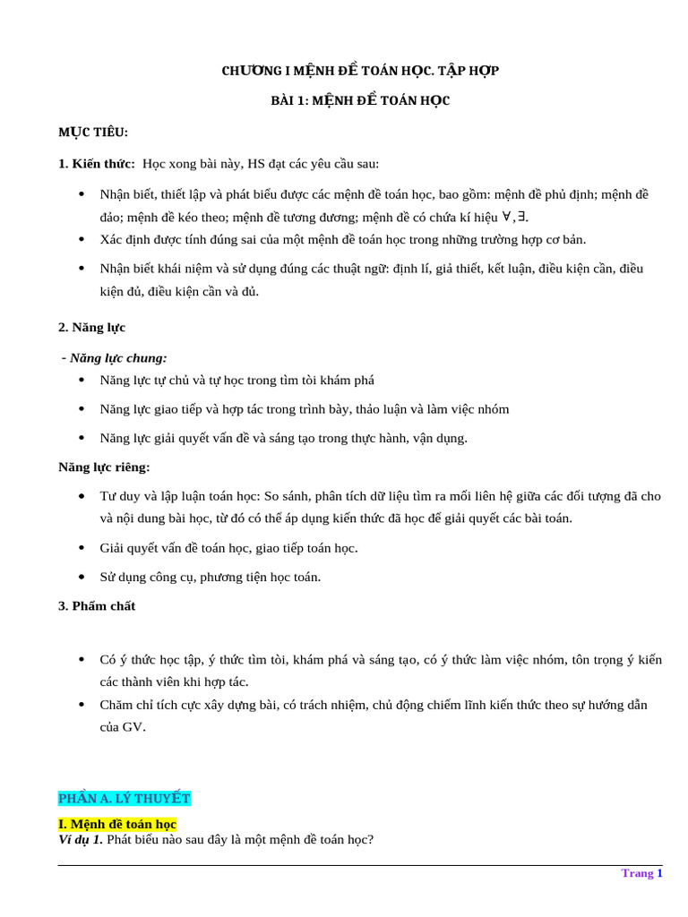 1. Kiến thức:: CH NG Imnhđ Toánhc.Tphp Bài 1: M Nh Đ Toán H C M C Tiêu | PDF