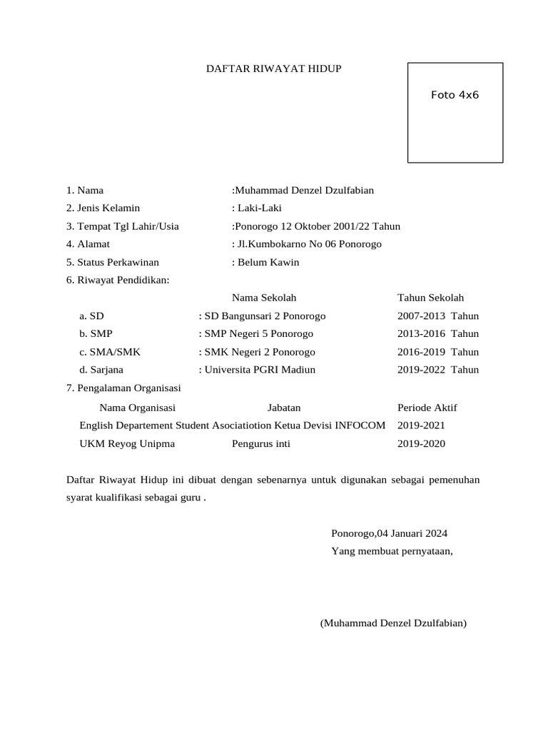 Daftar Riwayat Hidup Denzel | PDF