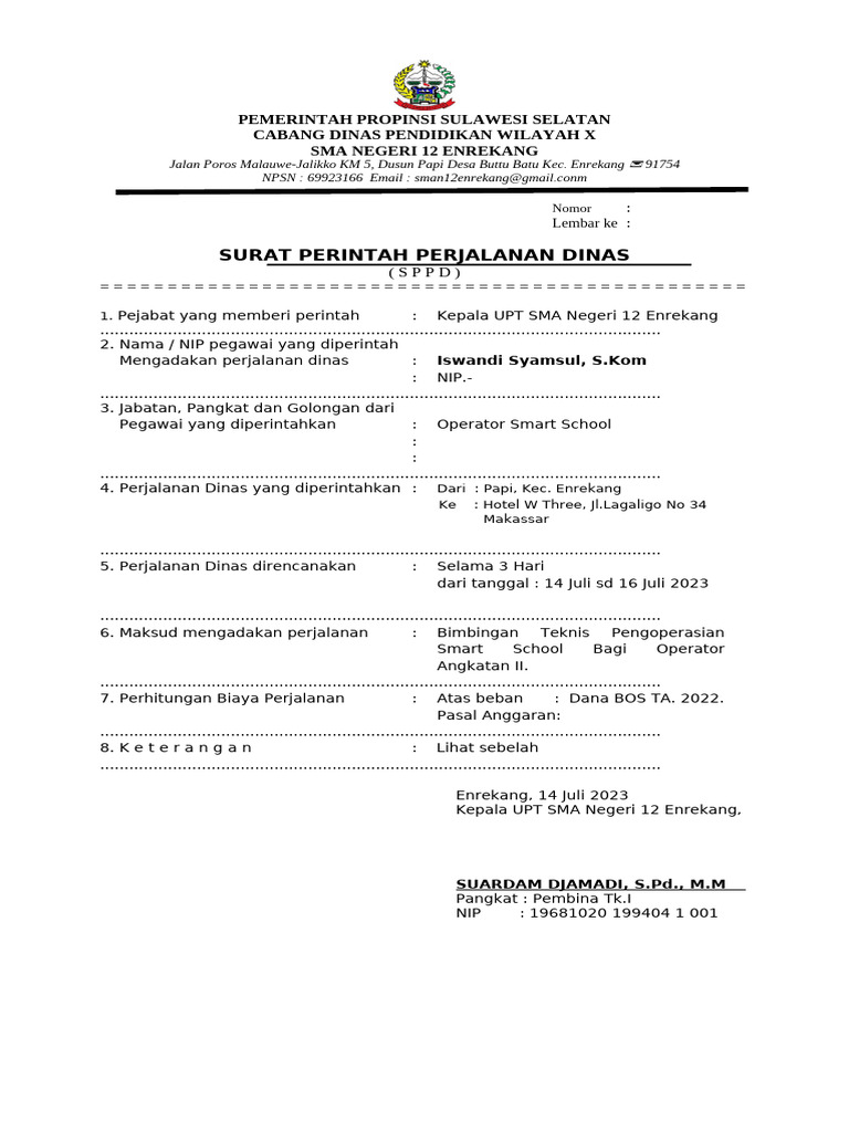Contoh SPPD Dan Laporan Pertanggung Jawabannya Dana Bos | PDF