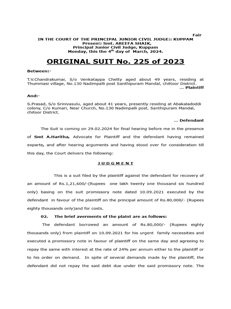 Promissory Note Suit Judgment 2024 | PDF | Lawsuit | Ex Parte
