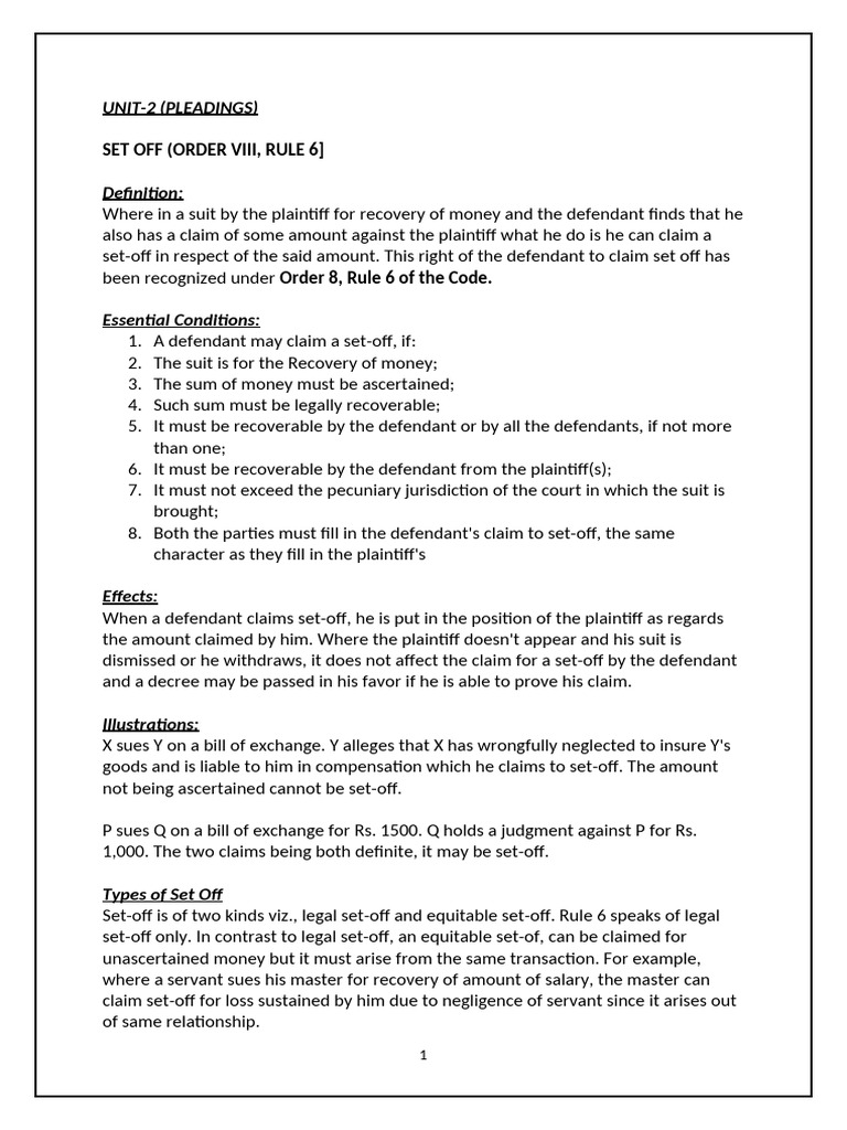 CPC - Unit 2 | PDF | Lawsuit | Set Off (Law)