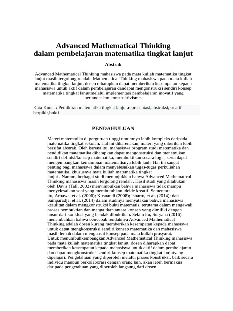 Advanced Mathematical Thinking Dalam Pembelajaran Matematika Tingkat Lanjut | PDF | Karier ...