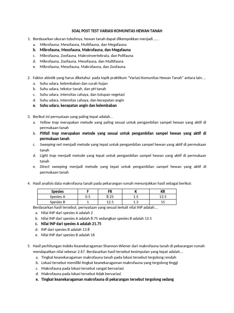 Soal Post Test Variasi Komunitas Hewan Tanah | PDF