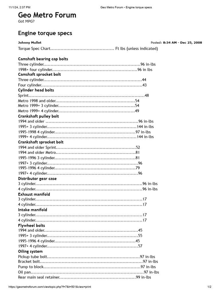 Geo Metro Forum - Engine Torque Specs | PDF | Machines | Engines