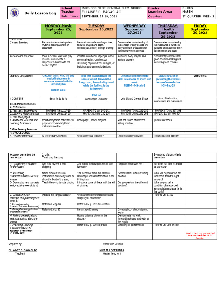 DLL Mapeh Q1 - Week 5 | PDF | Learning | Cognition