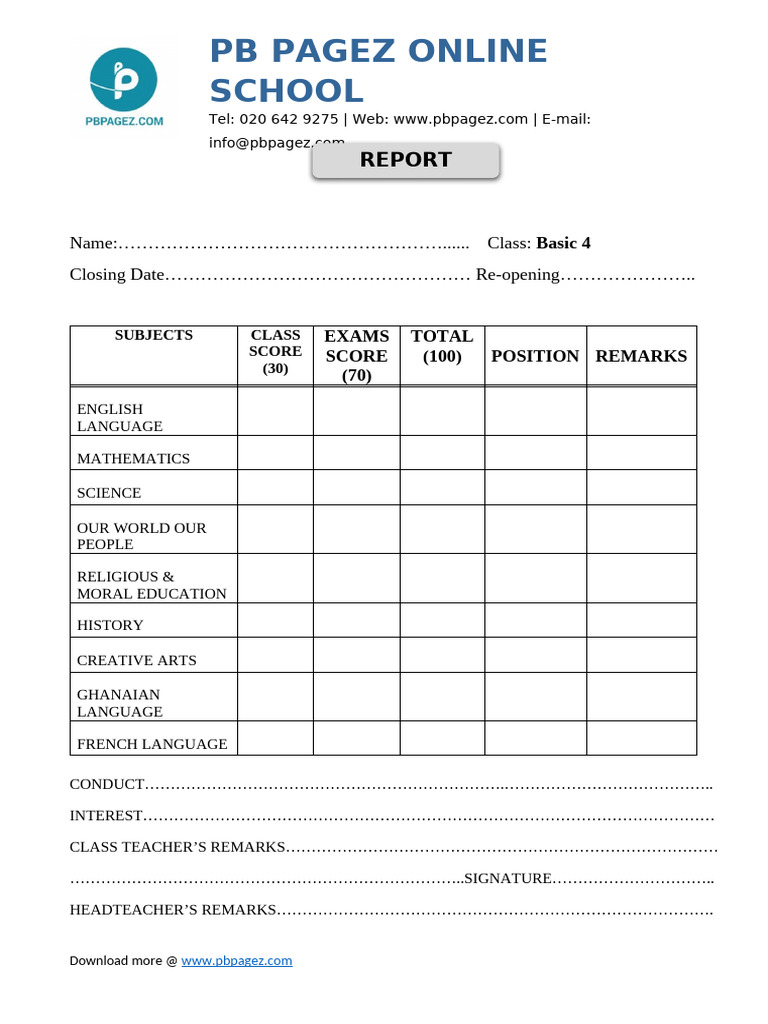 Basic 4 Report Card Template | PDF | Career & Growth | Foreign Language ...