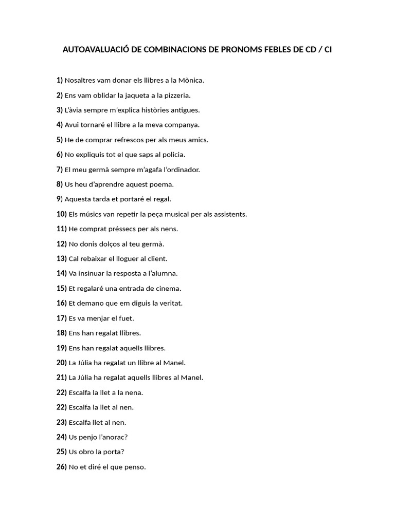 Autoavaluació de Combinacions de Pronoms Febles de CD | PDF