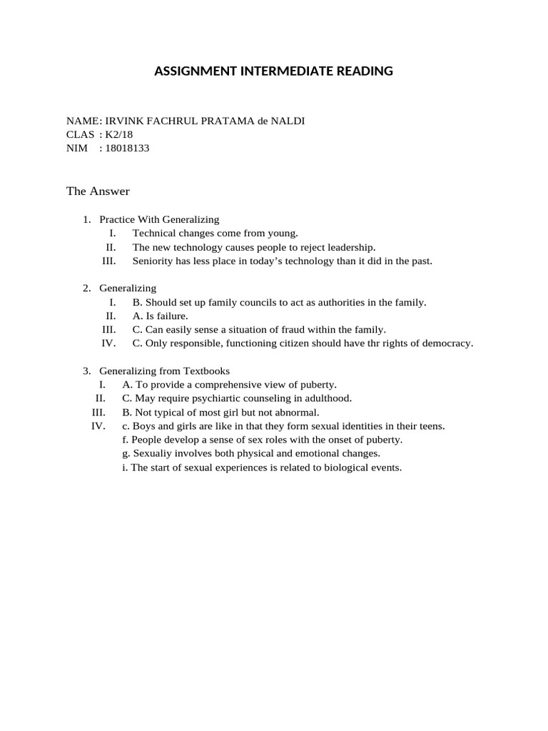 Intermediate Reading Assignment Overview | PDF