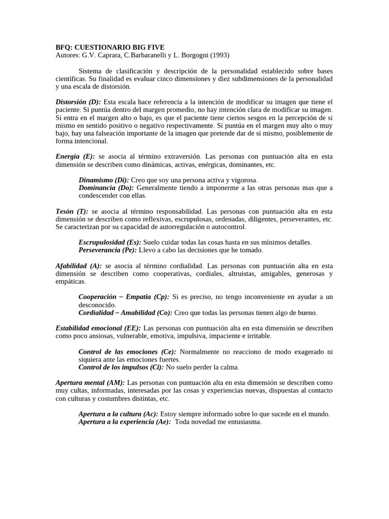 Resumen BFQ | PDF | Las emociones | Sicología