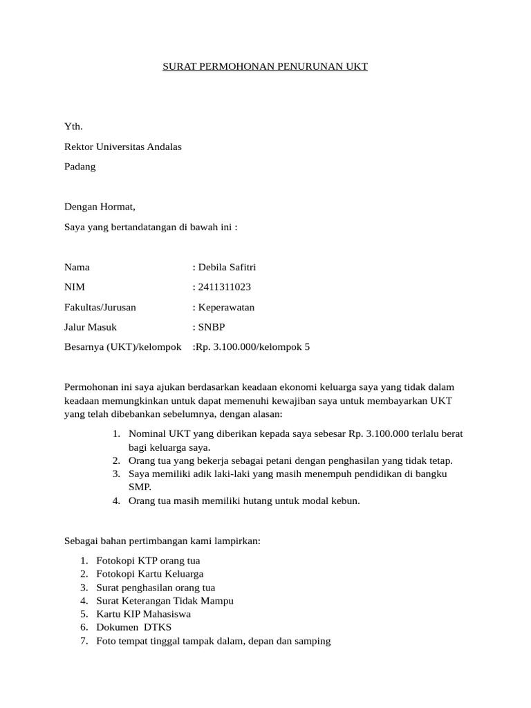 Surat Permohonan Penurunan Ukt | PDF