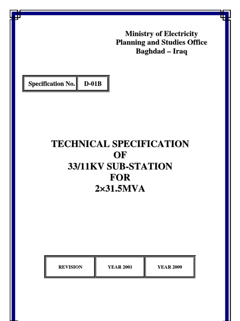 Technical Specification for a 33/11kV Substation with 2x31.5MVA Transformers | PDF | Relay ...