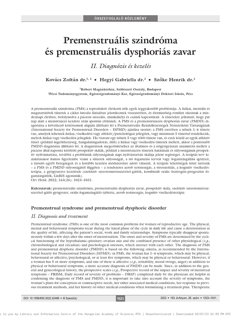 Premenstruális Szindróma És Premenstruális Dysphoriás Zavar: II. Diagnózis És Kezelés | PDF