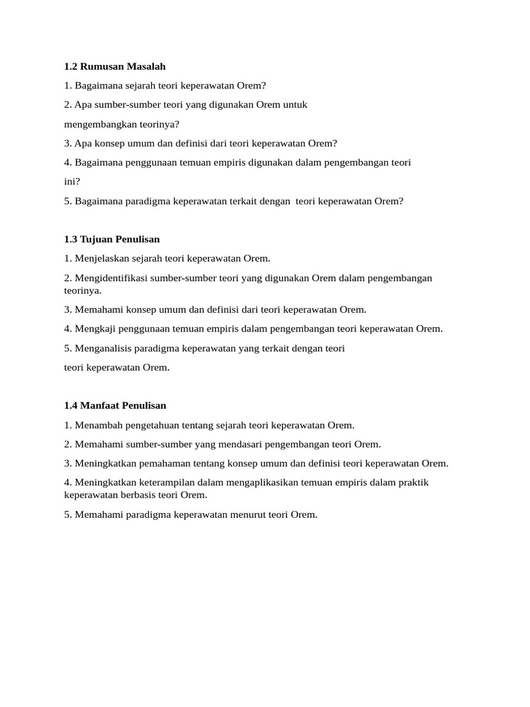 Rumusan Masalah, Tujuan, Manfaat Teori Orem | PDF