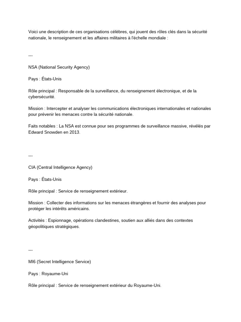 Classement des agences de renseignement mondial | PDF | Renseignement ...