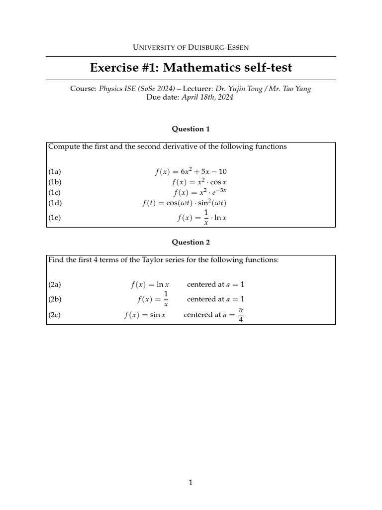 UDE Physics Exercise 1 | PDF | Trigonometric Functions | Analysis