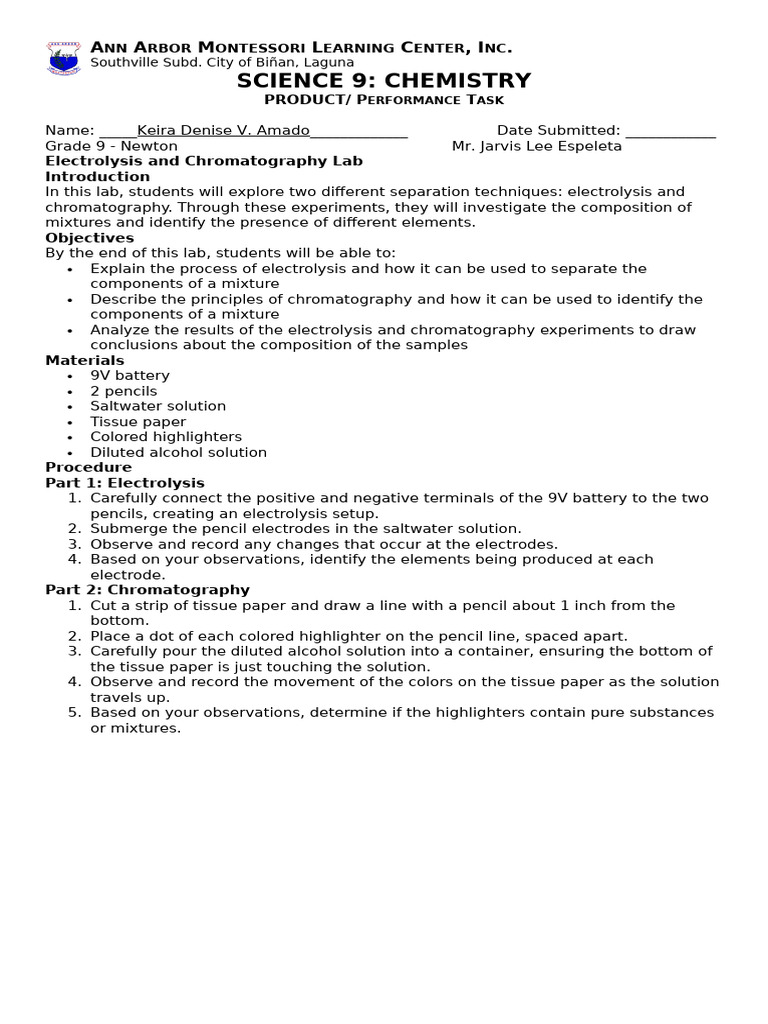 Science 9 - Lab Act - Lelectrolysis and Chromatography | PDF | Water ...