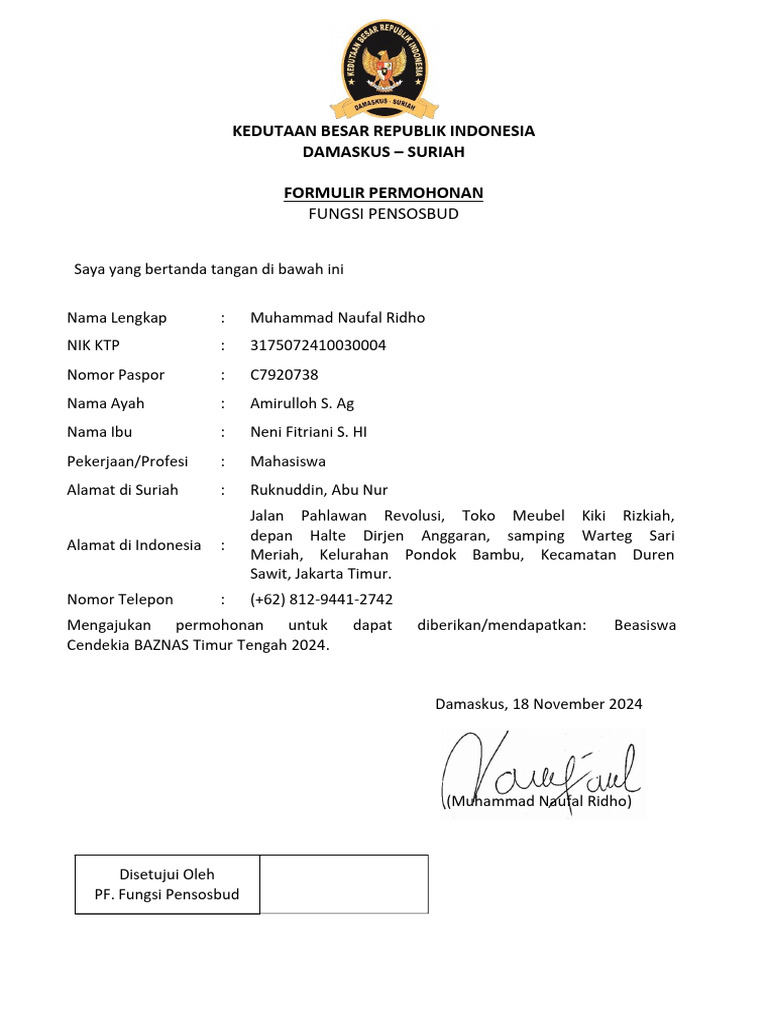Formulir Permohonan Muhammad Naufal Ridho - 014801 | PDF