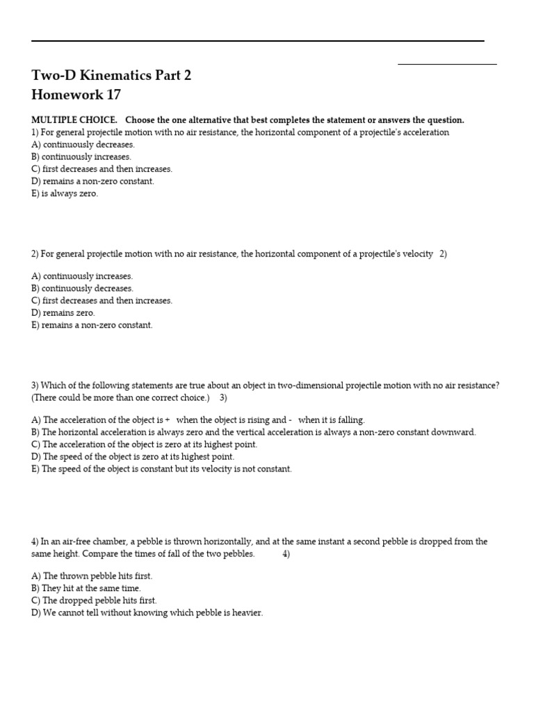 Two-Dimensional Kinematics Homework | PDF | Acceleration | Projectiles