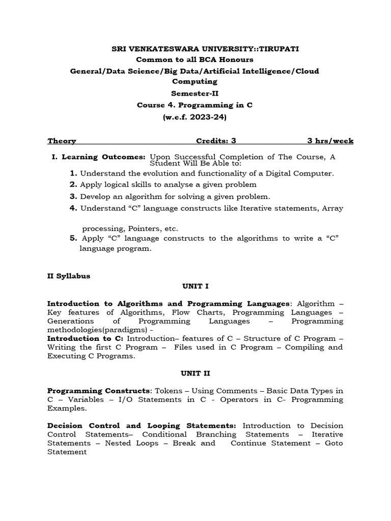 Bca 2 Sem C Note 2023-24 | PDF | C (Programming Language) | Control Flow