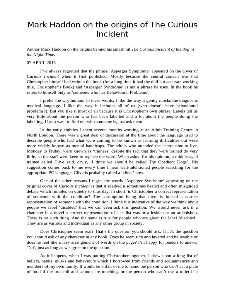 Mark Haddon On The Origins of The Curious Incident | PDF | Philosophy | Language Arts & Discipline