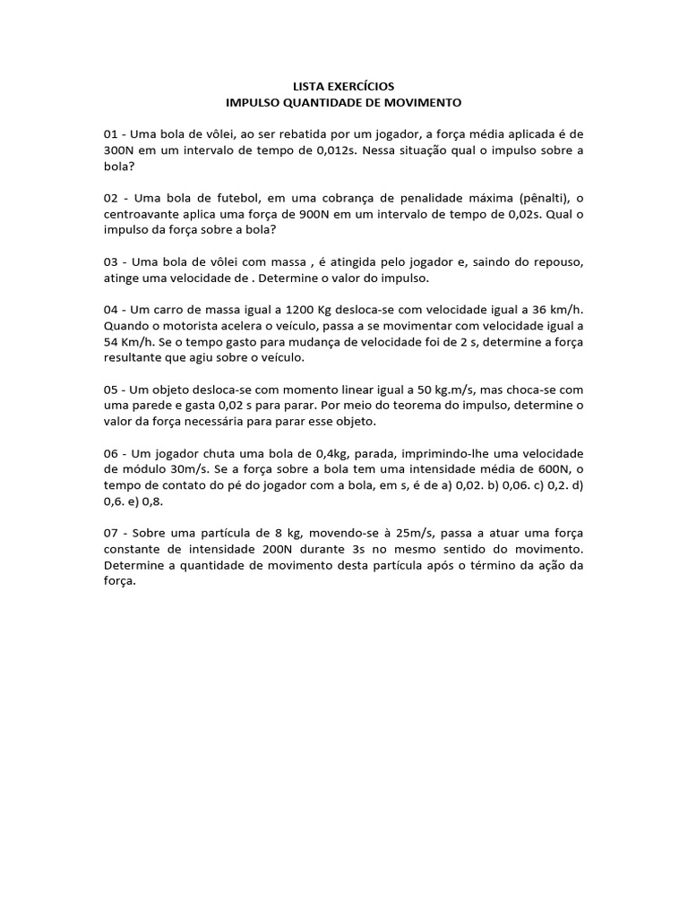 Lista de Exercícios - Impulso e Quantidade de Movimento | PDF