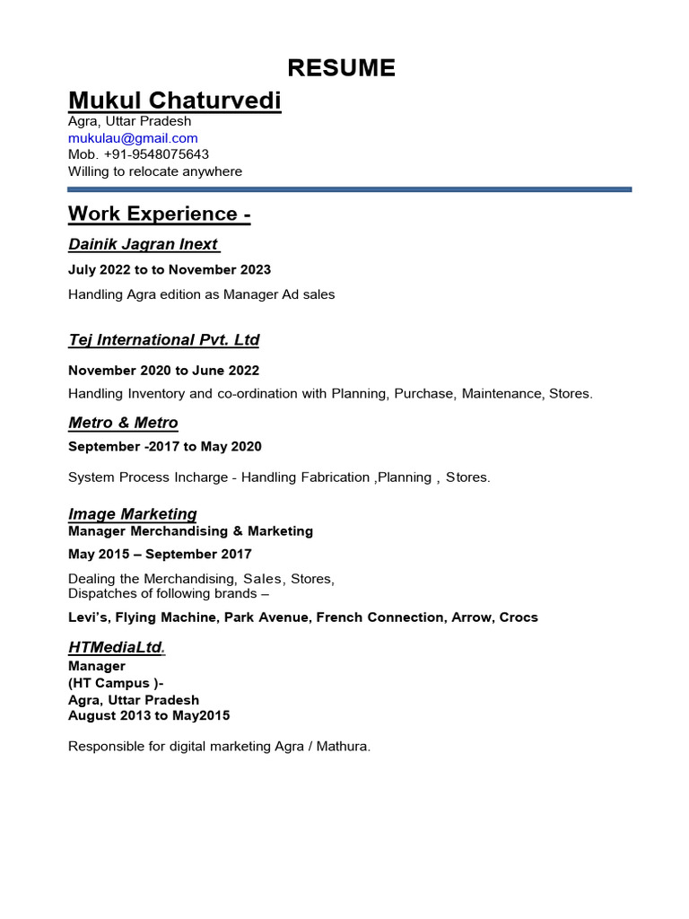Mukul Chaturvedi's Professional Resume | PDF