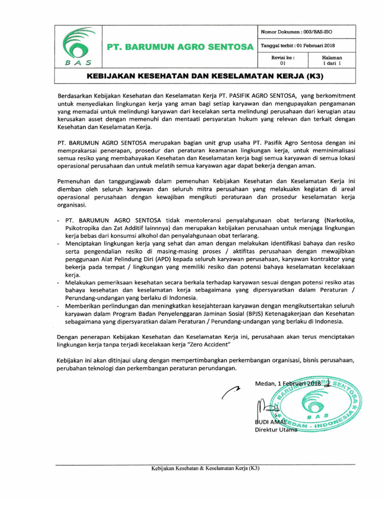 Kebijakan Kesehatan & Keselamatan Kerja (K3) PT. BAS | PDF