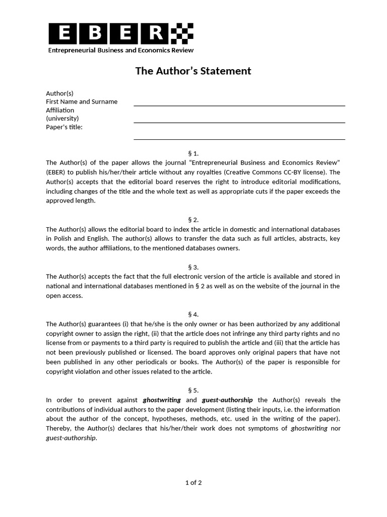 Eber Copyright Transfer Author Statement | PDF | Copyright | Creative Commons License