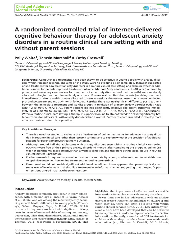 A Randomized Controlled Trial of Internet-Delivered Cognitive Behaviour Therapy For Adolescent ...