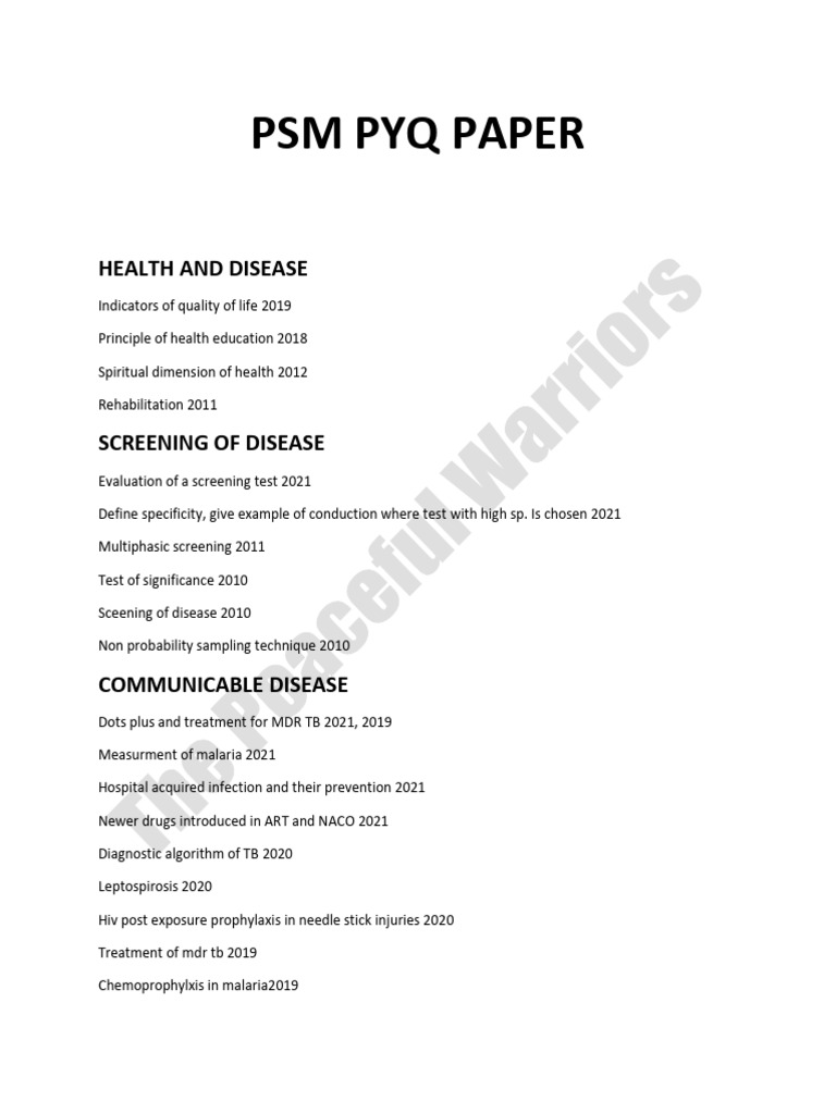 PSM Pyq Paper: Health and Disease | PDF | Epidemiology | Tuberculosis