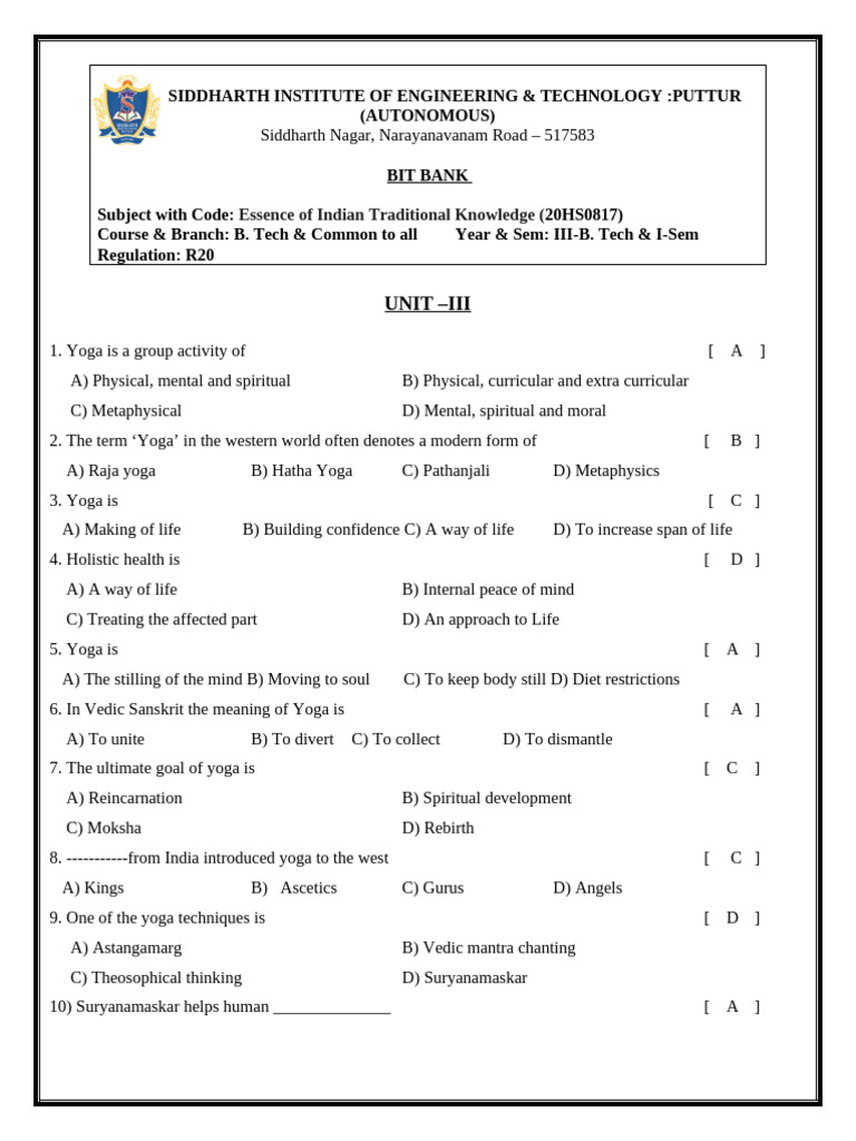 EITK BIT BANK Finalized Copy 3,4 & 5 Units | PDF | Yoga | Sanskrit