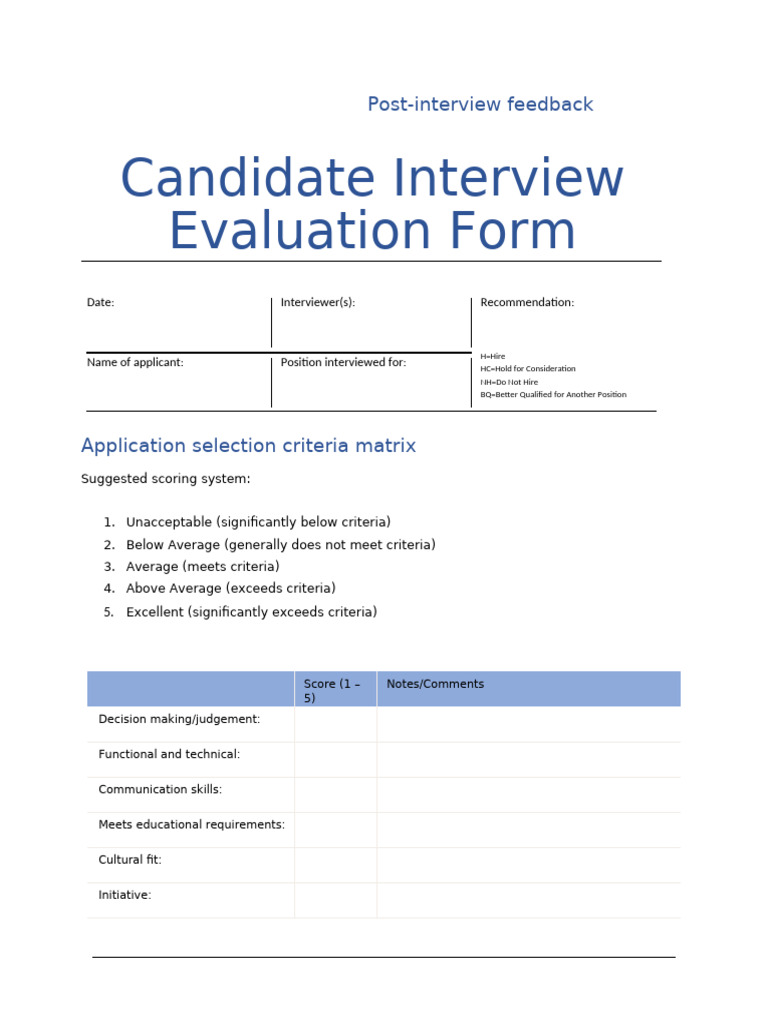 Candidate Evaluation Form | PDF | Career & Growth