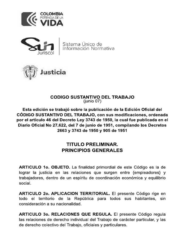 Codigo Sustantivo Del Trabajo de 1951 | PDF