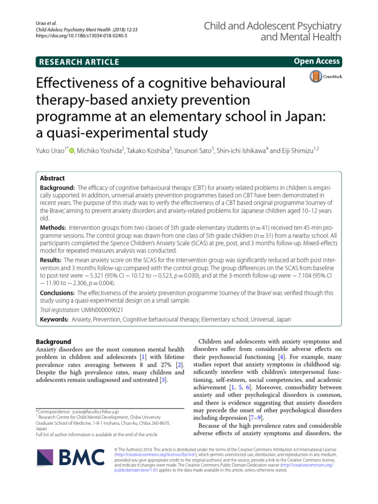 Effectiveness of A Cognitive Behavioural Therapy-Based Anxiety Prevention Programme at An ...