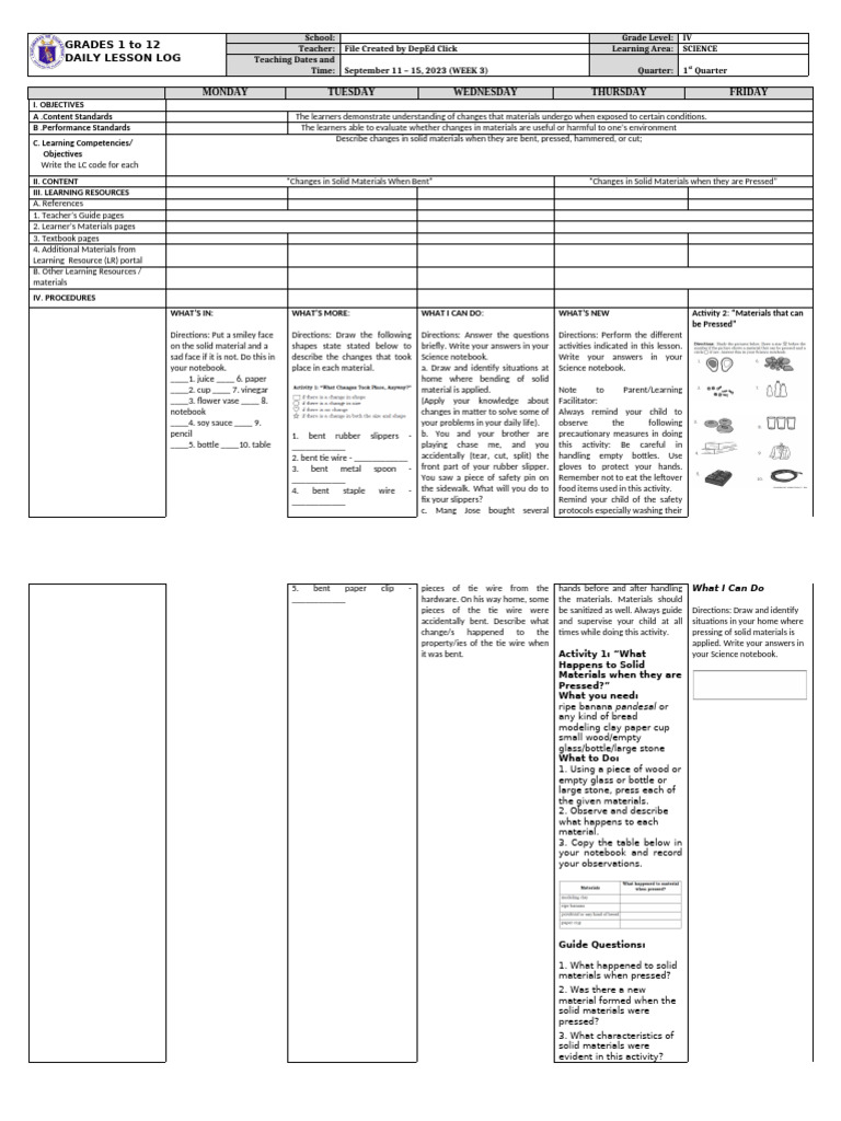 DLL - Science 4 - Q1 - W3 | PDF | Learning | Teachers
