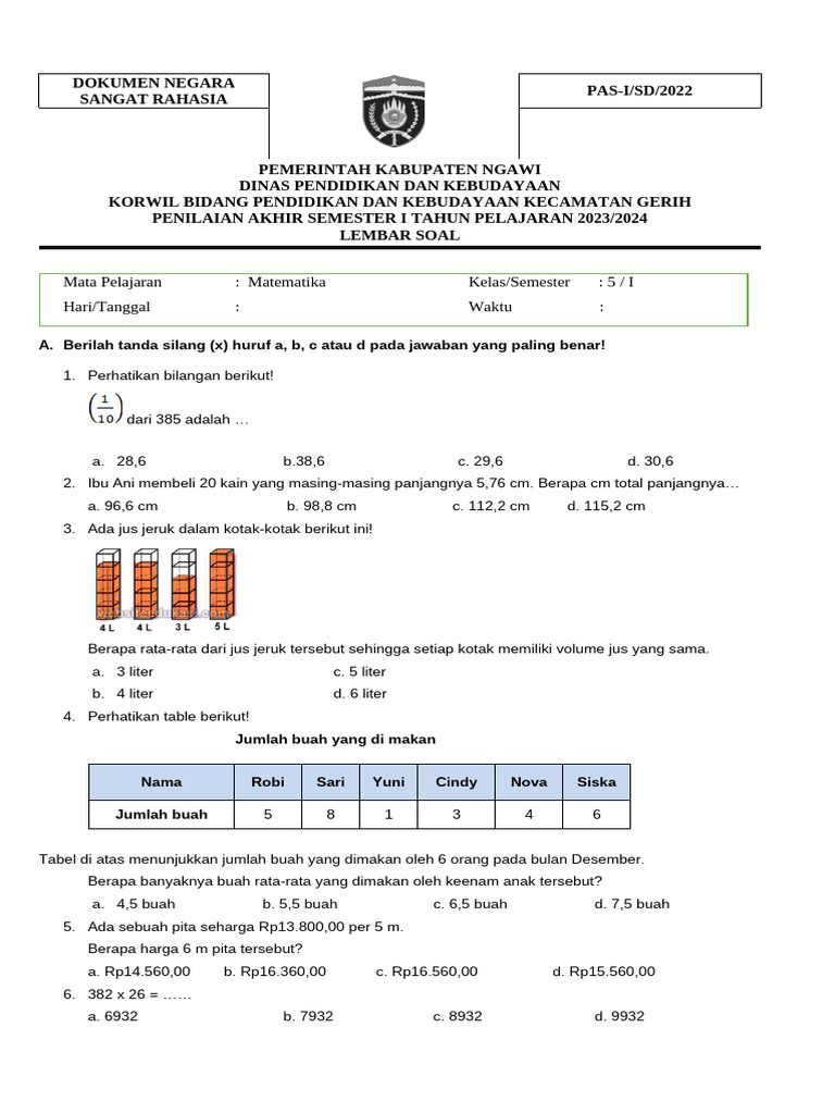 UAS MTK Kls 5 Smster 1 | PDF | Griya & Taman