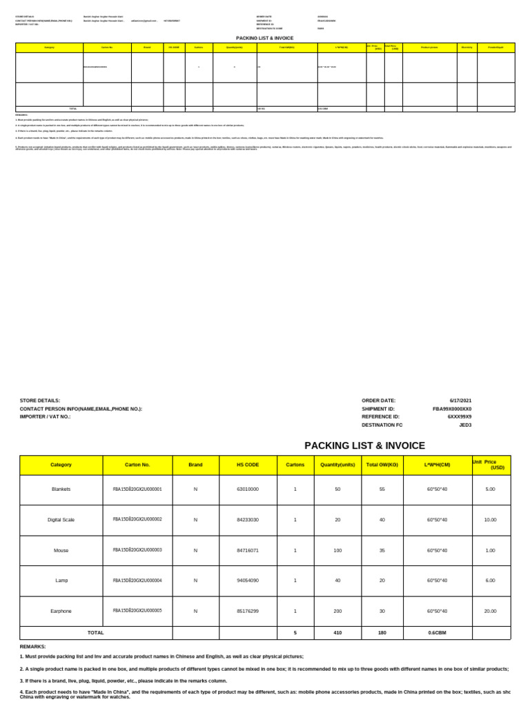 Commercial Invoice Packing List CN2SA (1) | PDF
