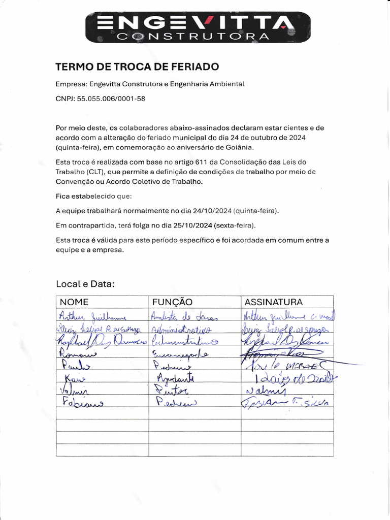 Termo de Troca de Feriado Assinado | PDF