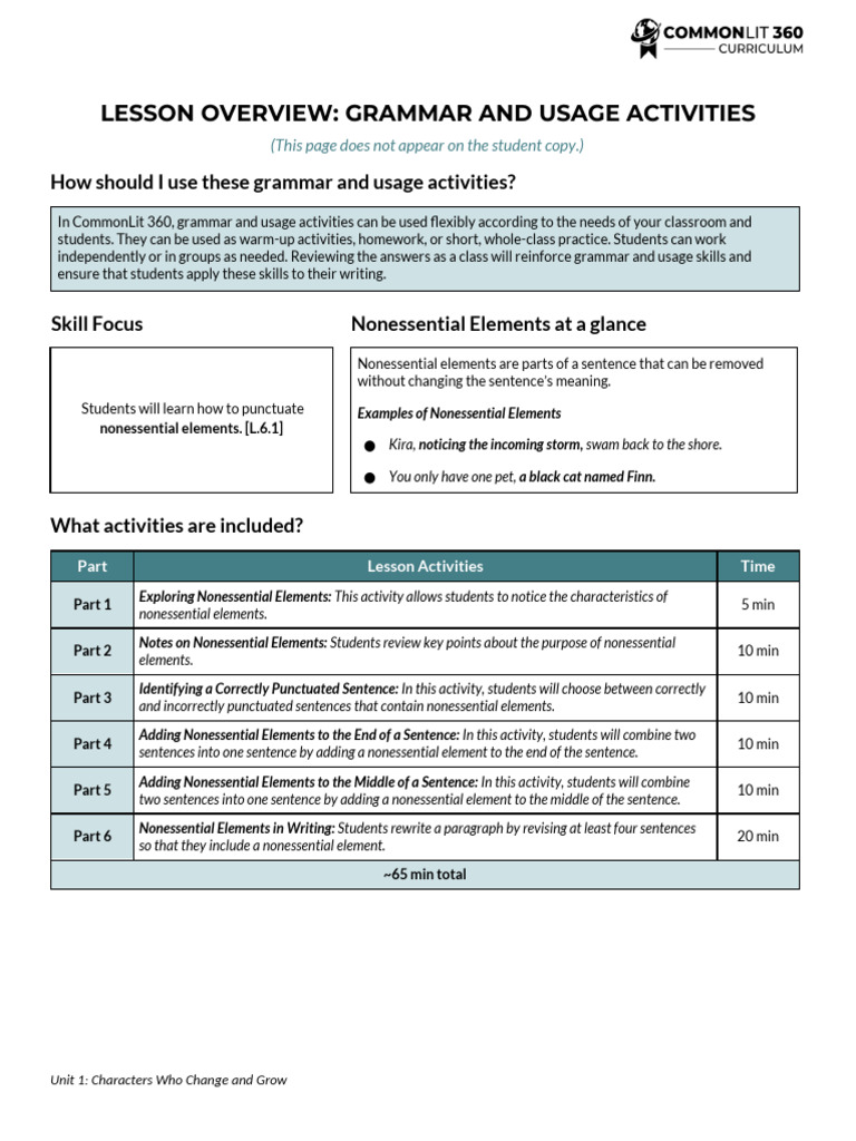 6G Unit 1 Grammar and Usage Activities - Punctuating Nonessential Elements TEACHER COPY Ed2.0 ...