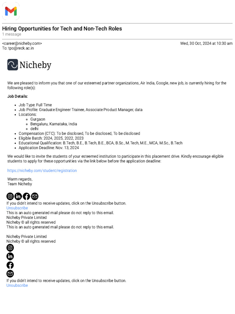 Gmail - Hiring Opportunities For Tech and Non-Tech Roles | PDF