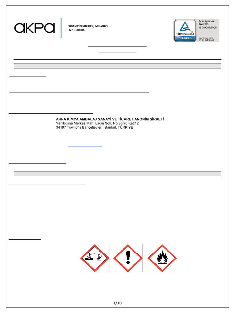 Safety Data Sheet for AKPEROX A1 | PDF | Personal Protective Equipment ...