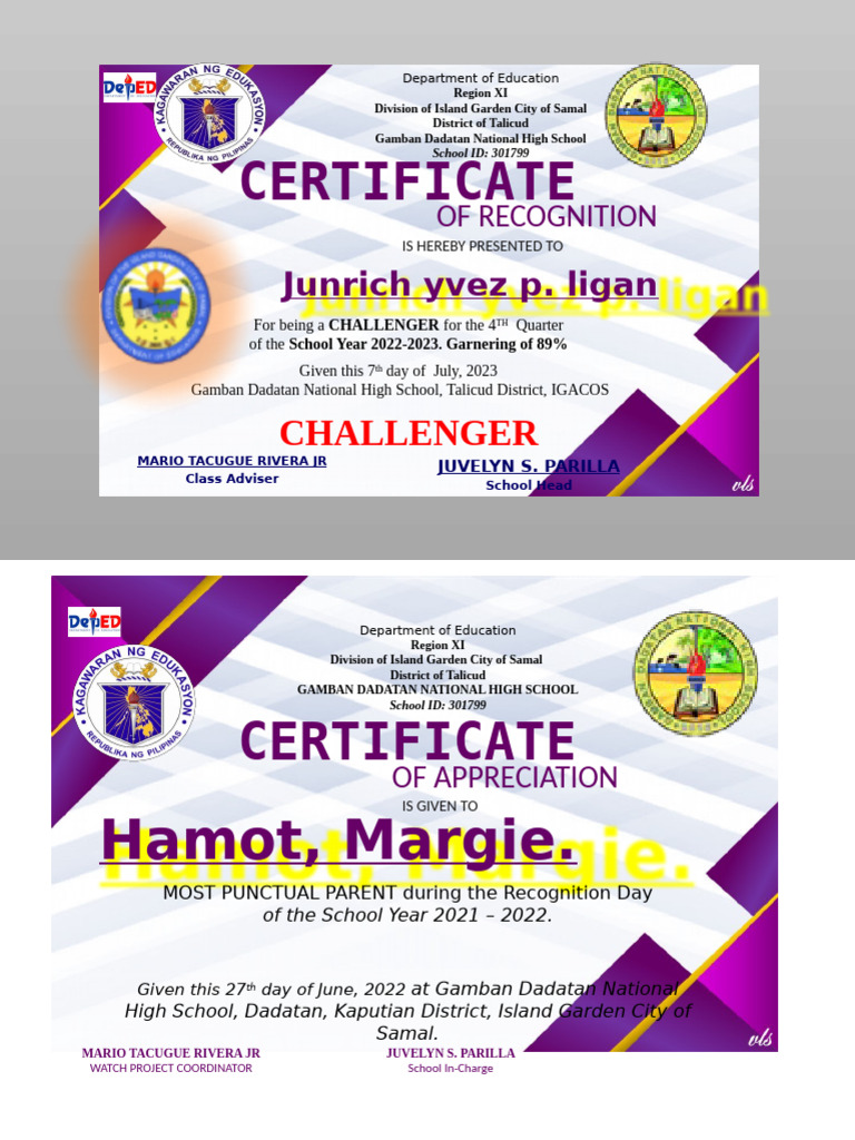 Recognition Certificates at Gamban Dadatan | PDF