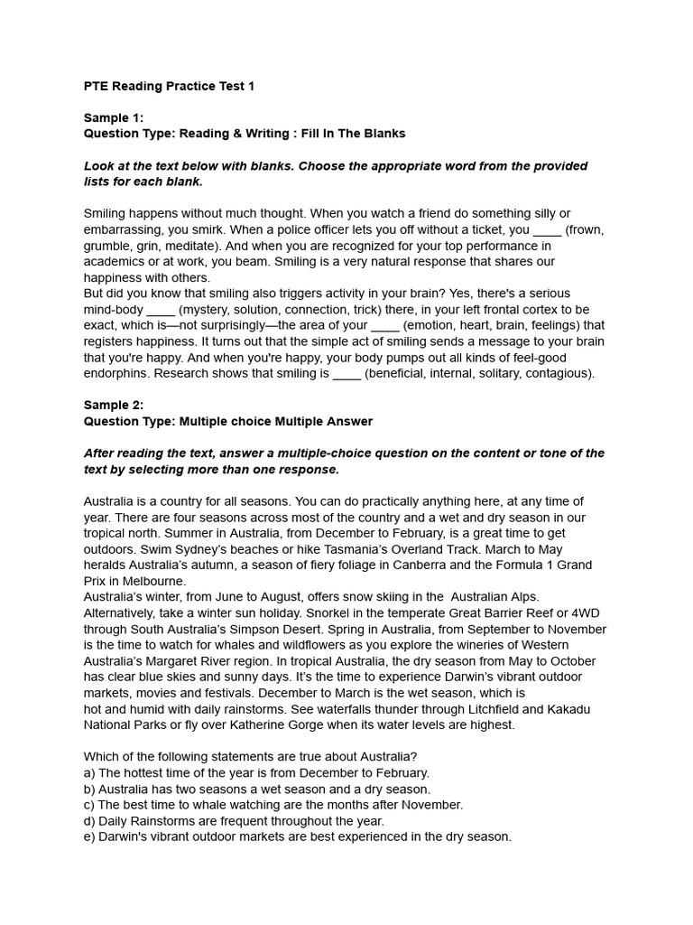 Pte Reading Practice Test 2236ce7da | PDF | Multiple Choice | Australia