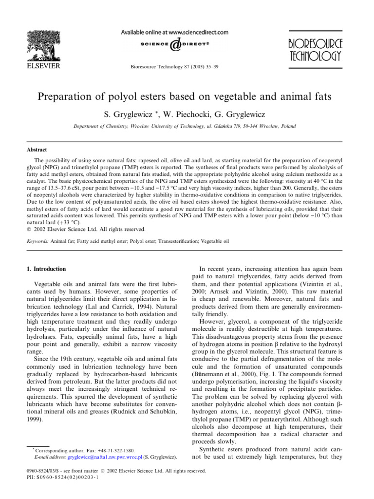 2003 Preparation of Polyol Esters Based On Vegetable and Animal Fats ...